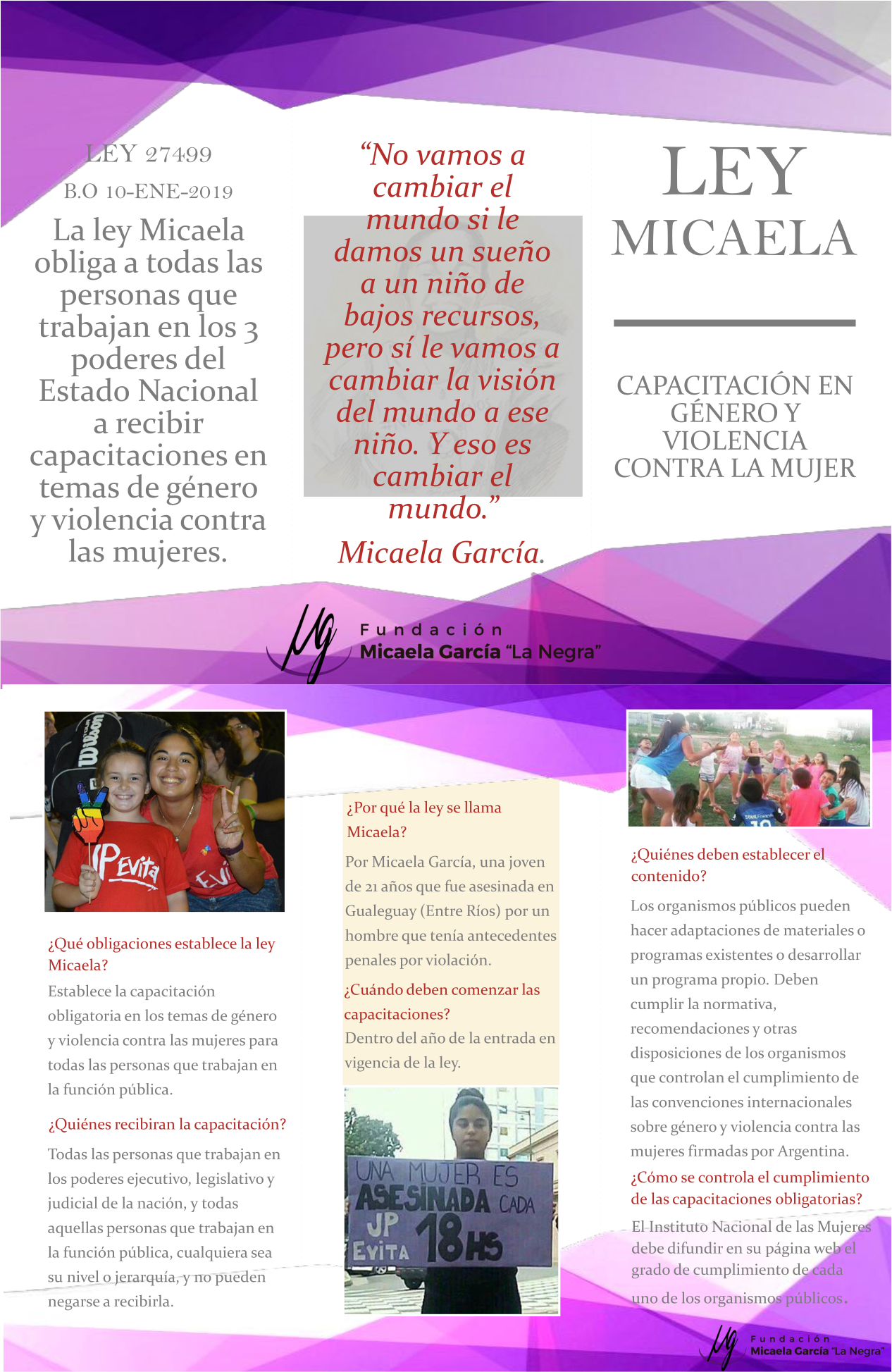 Ley Micaela, tríptico de la Fundación Micaela García "La Negra"